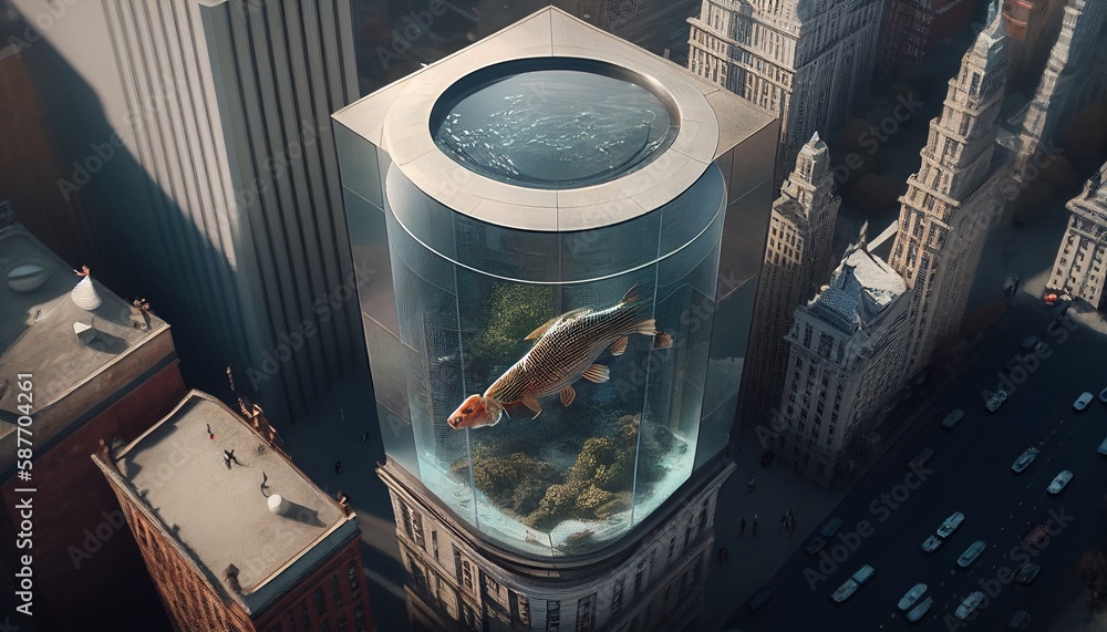 aerial view of a giant fish tank shaped like a tower in the middle of ...