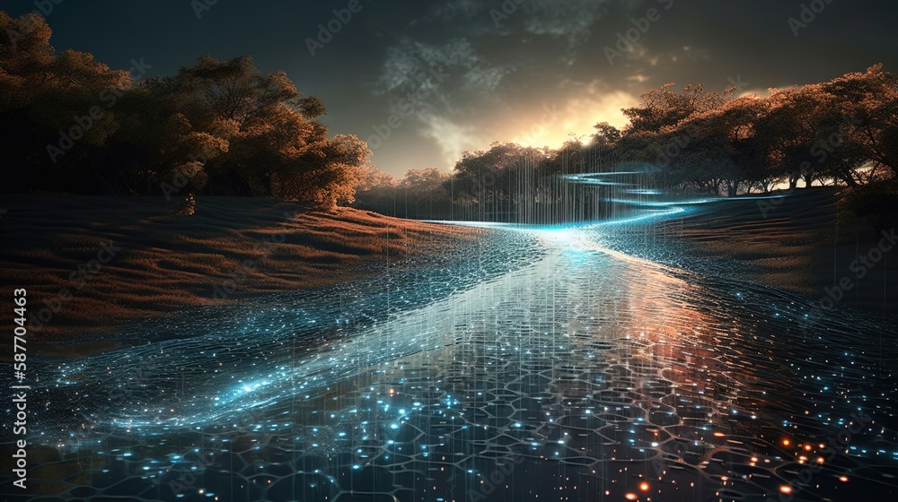 Digital River: Microchip-Infused Data Stream Flowing through a Virtual Landscape in 8K created ...