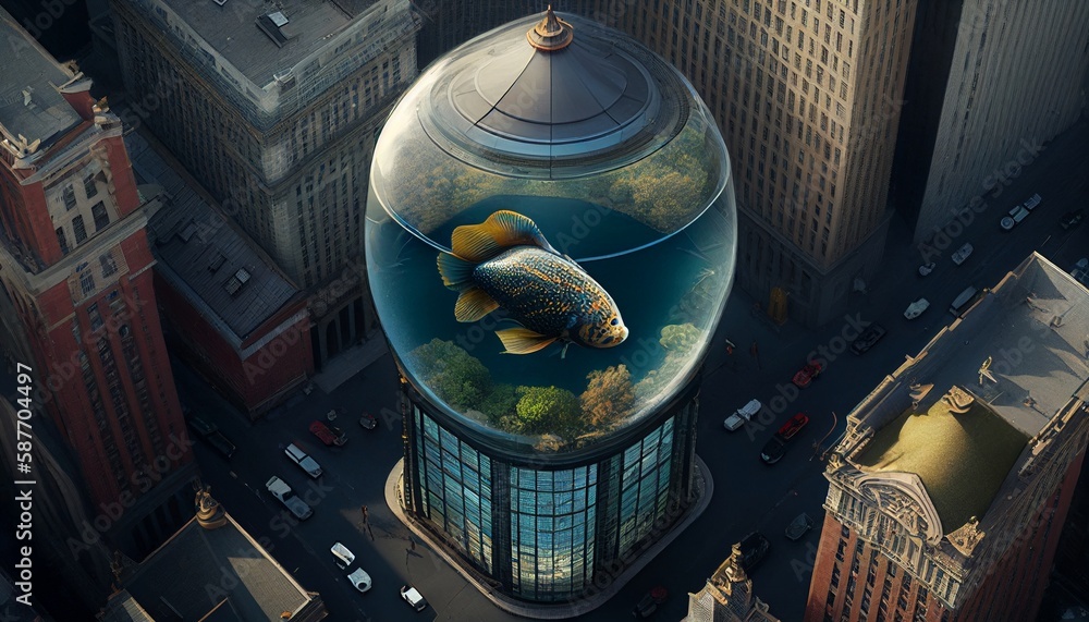 aerial view of a giant fish tank shaped like a tower in the middle of ...