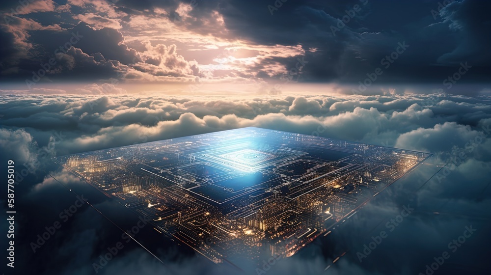 Cloud City: Microchip Floating Island in a Surreal Sky Symbolizing the ...