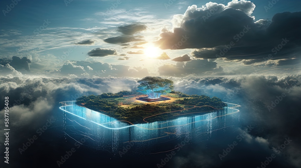 Cloud City: Microchip Floating Island in a Surreal Sky Symbolizing the ...