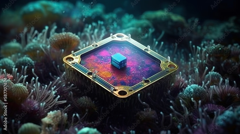 Sea Chip: Underwater Microchip Base for Thriving Ocean Life Symbolizing ...