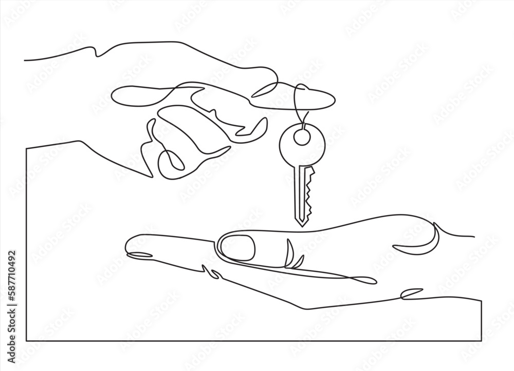 Continuous one line drawing of hand holds the key to the car or ...