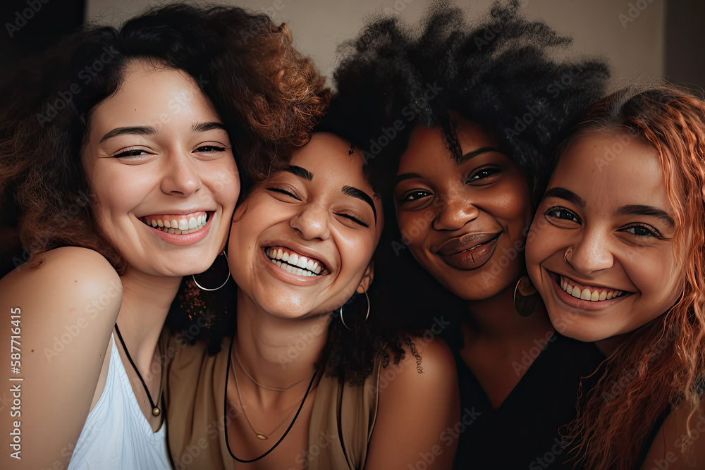 Multiracial women standing together and smiling at camera. Portrait of ...