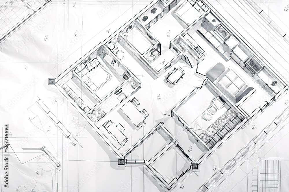 Architectural plan on white paper. Technical project of living room ...