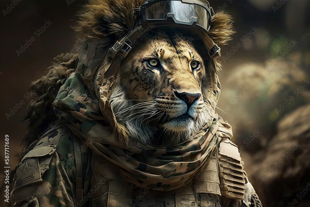 Lion dressed in military uniform as a soldier. Powerful commander army ...