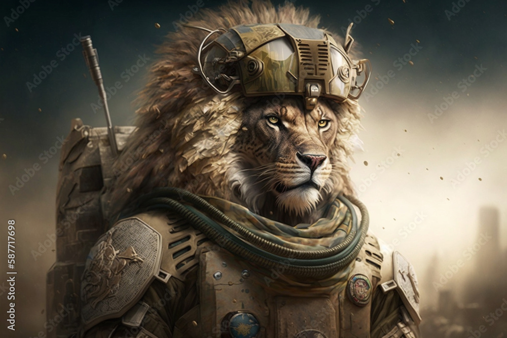 Lion dressed in military uniform as a soldier. Powerful commander army ...