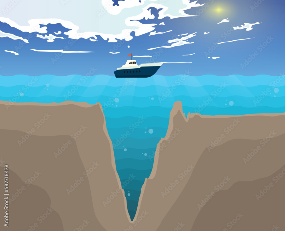 Vector cartoon style mariana trench sea illustration with sky, clouds ...