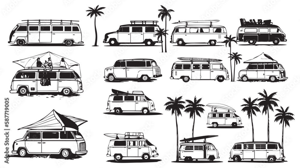 Collection of beach bus black and white.line illustration of travel bus ...