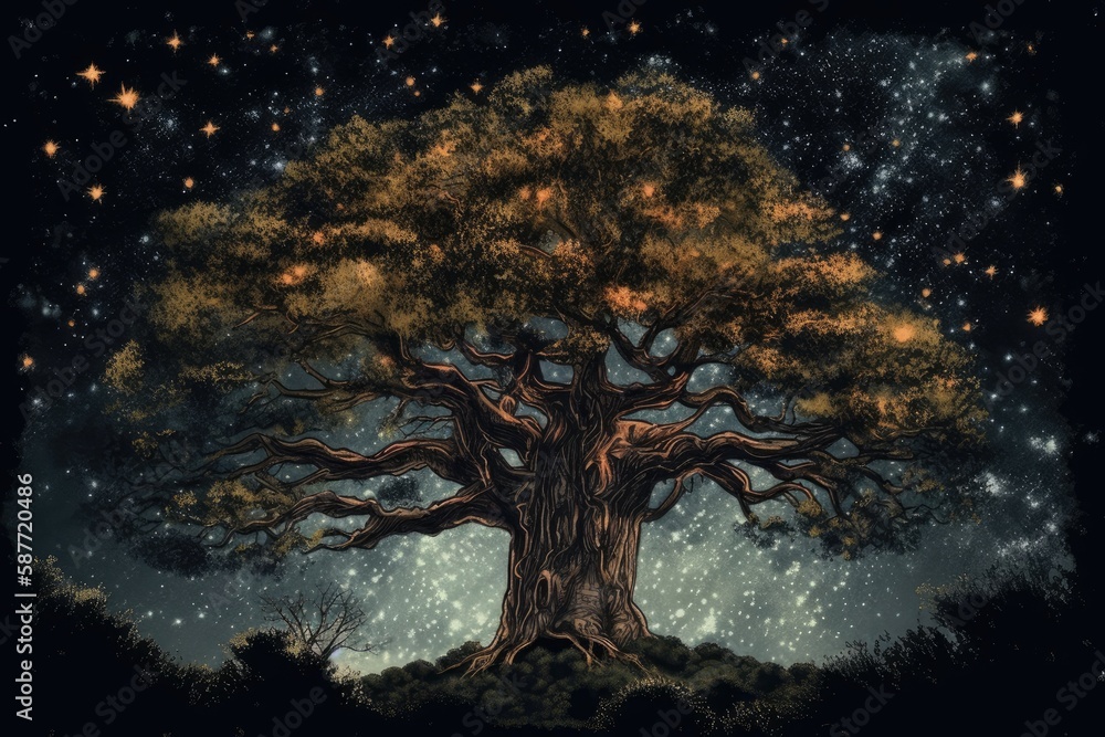 mystical tree under a starry night sky. Generative AI Stock ...