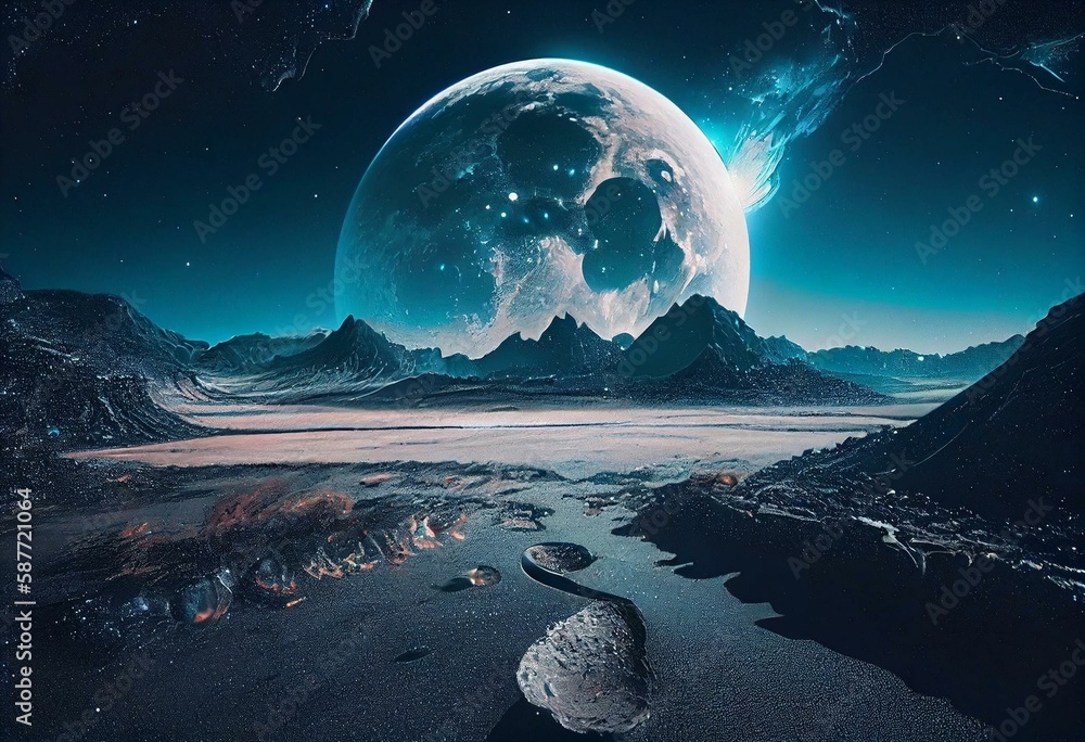 futuristic moonscape with geomtrical symbol, unrealistic, blue, galaxy ...