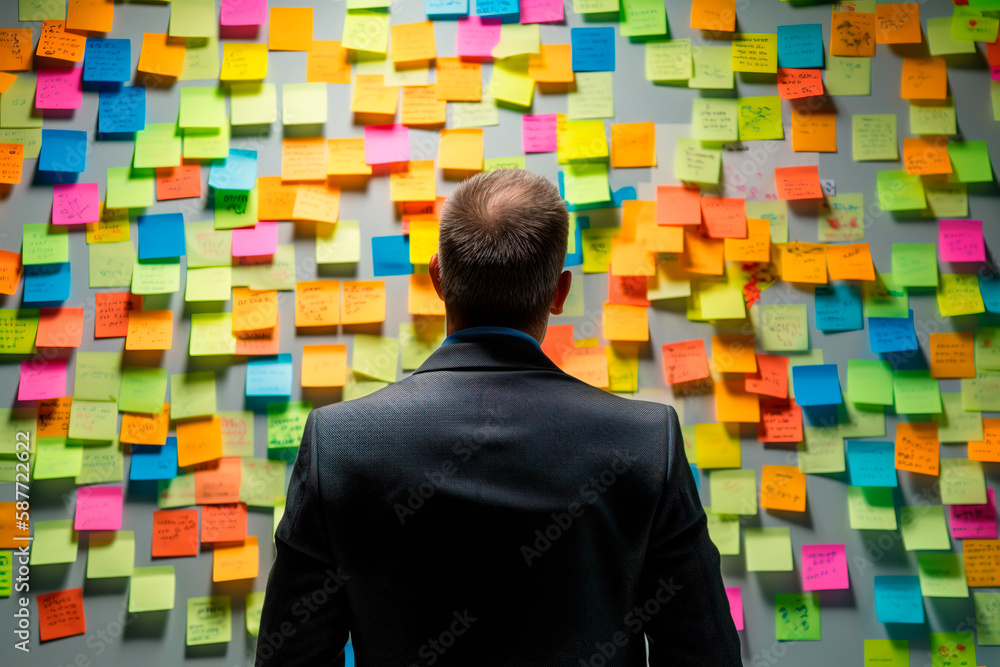 Person Looking At Writing Down Ideas On Wall Full Of Sticky Notes person-looking-at-writing-down-ideas-on-wall-full-of-sticky-notes