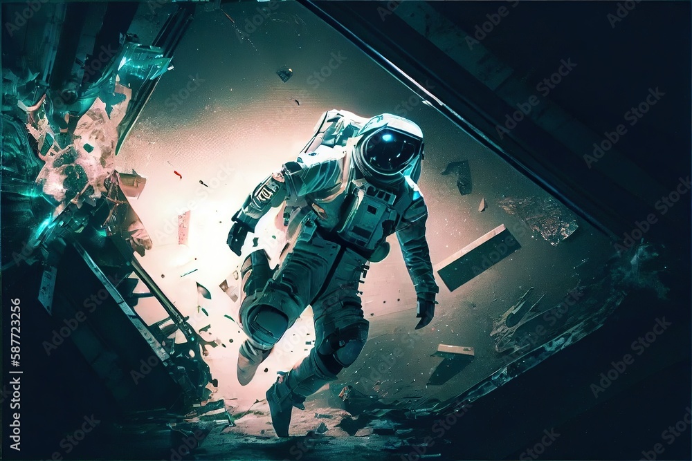 Zero G emergency space evacuation concept, astronaut floating and ...