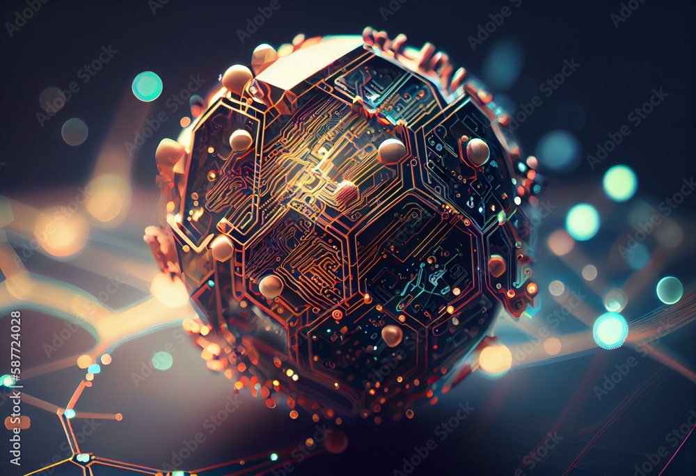 World of the metaverse. Printed circuit board connected to a polygonal ...