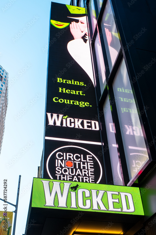 New York, USA - March 30, 2023: Broadway Play Wicked sign above the ...