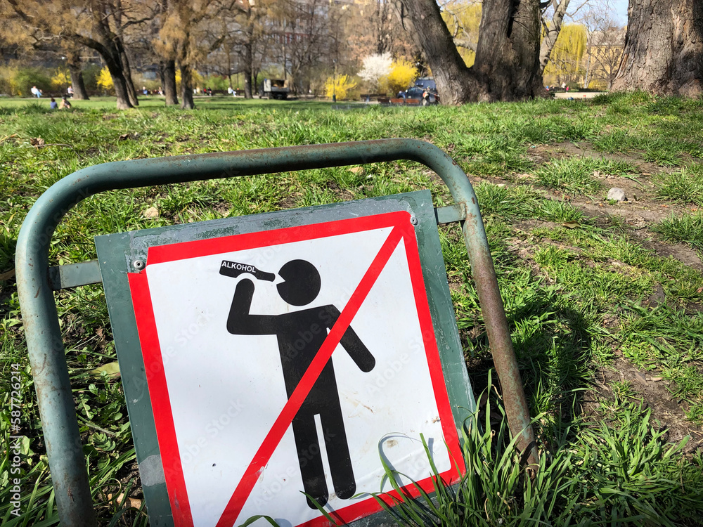 Sign that shows a figure drinking alcohol with a red line through it ...