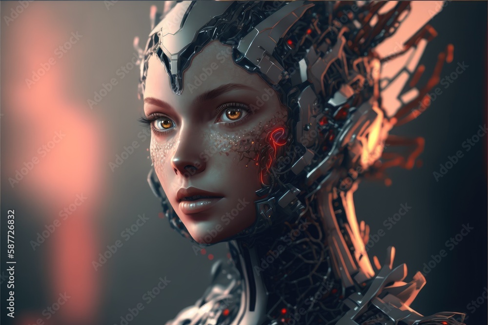 Closeup hybrid cyborg beauty transformation with a girl humanoid face ...