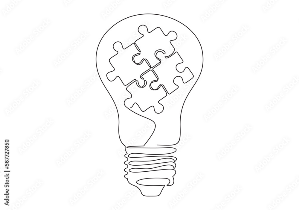 Continuous one line drawing of light bulb and grup of puzzle. inside ...