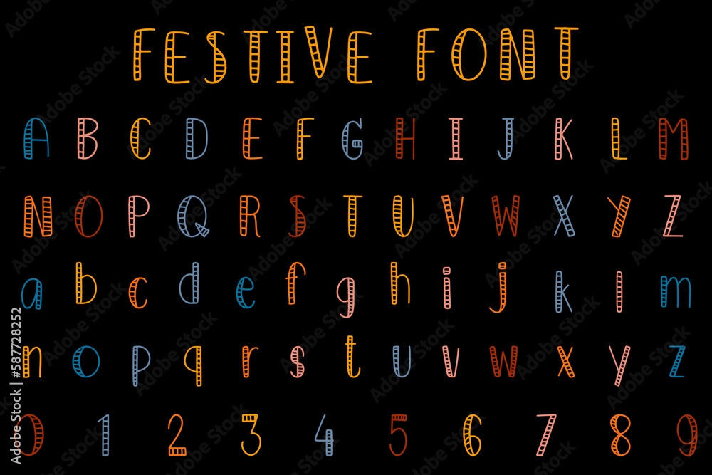 Festive font alphabet letters and numbers illustration Stock Vector ...
