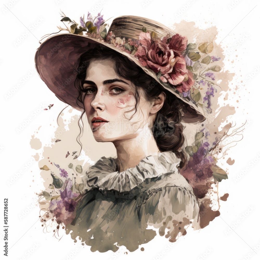 Image of pretty woman wearing hat decorated with flower and petal in ...