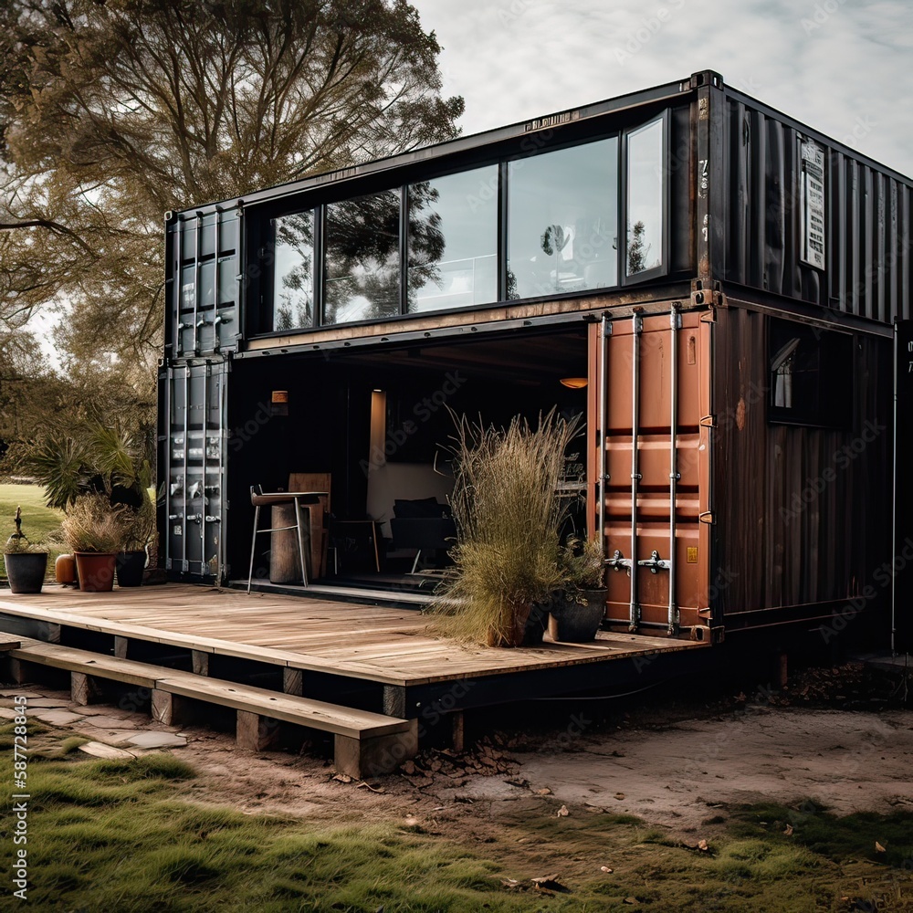 Modern metal building made from shipping containers and in forest and ...