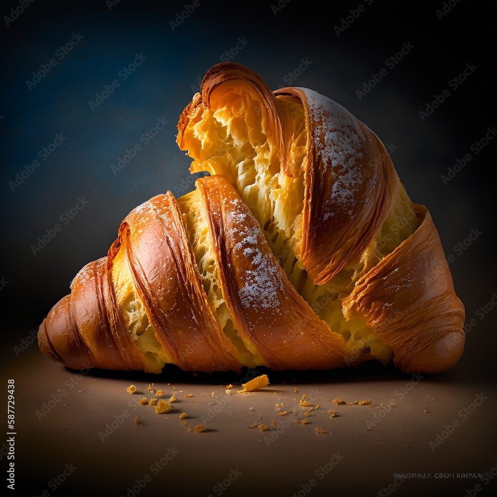 front view of a baked croissant, room temperature. the croissant has a ...