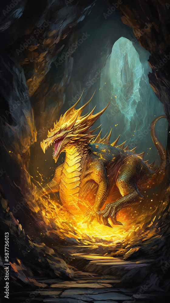 dragon guarding treasure, golden hoard, cavern, fierce flames, mythical ...