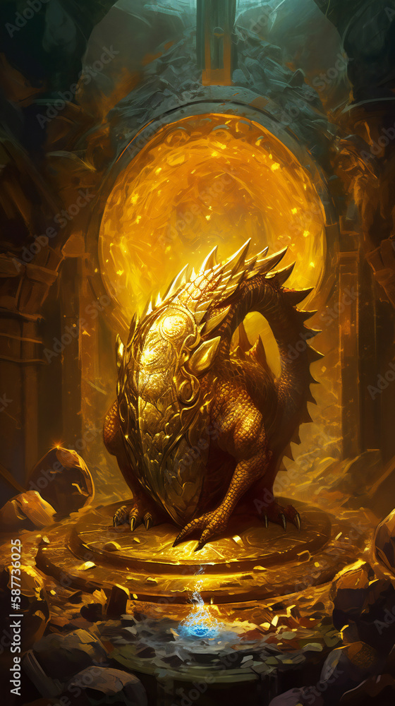 dragon guarding treasure, golden hoard, cavern, fierce flames, mythical ...