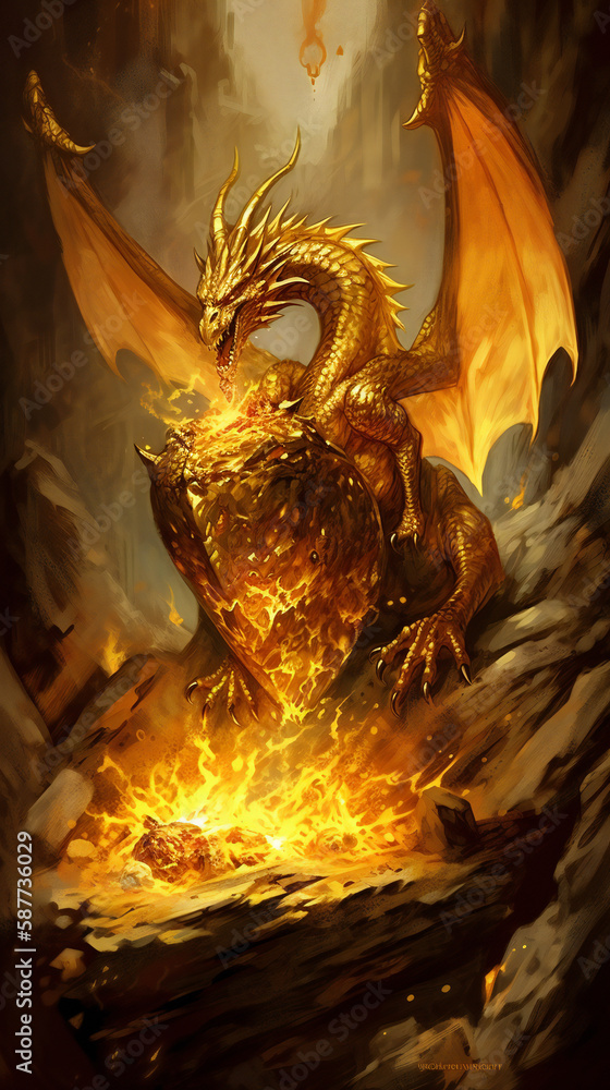 dragon guarding treasure, golden hoard, cavern, fierce flames, mythical ...