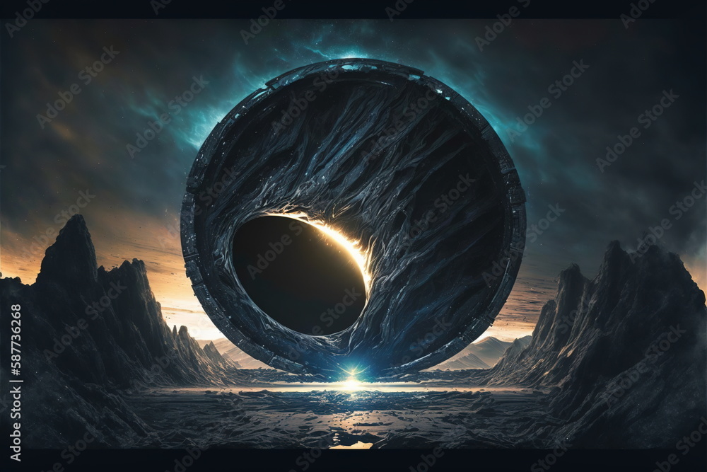 Spaceman travel through the space with mysterious sci-fi fantasy portal ...