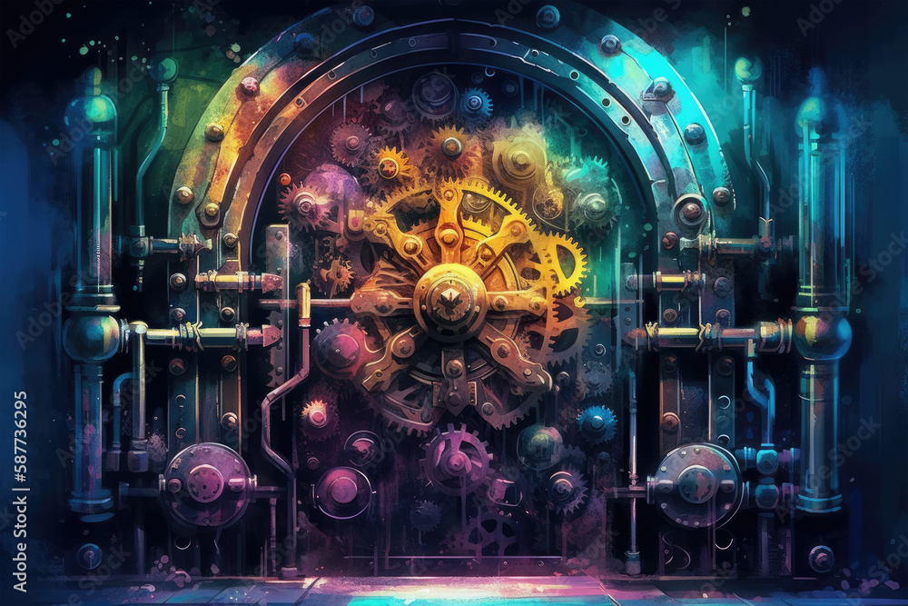 Massive steampunk vault door with an array of cogs, pulleys, and locks ...