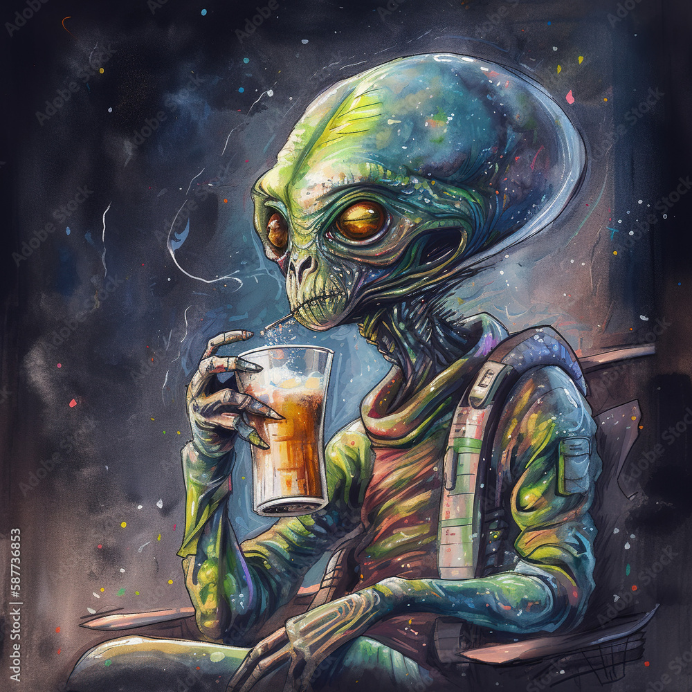Ink colored cartoon drawing of an alien drinking a beer. AI ...