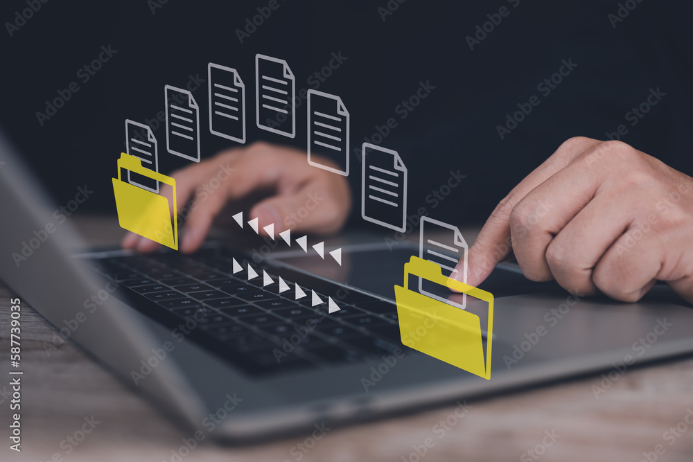 Encryption with file transfer concept : Business man use laptop for ...