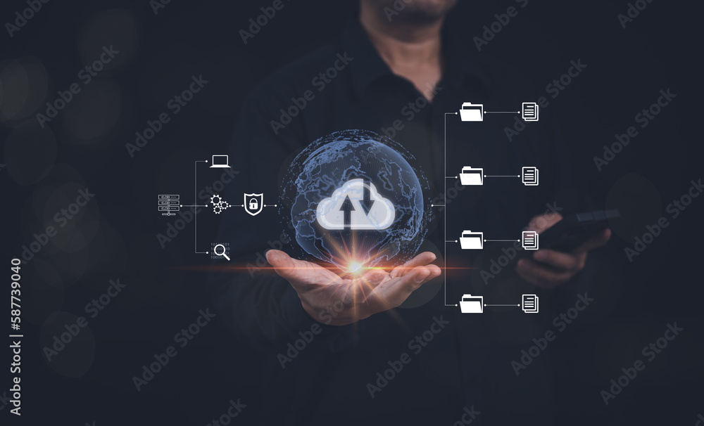 Concept of using cloud computing to store data : Business man holding ...