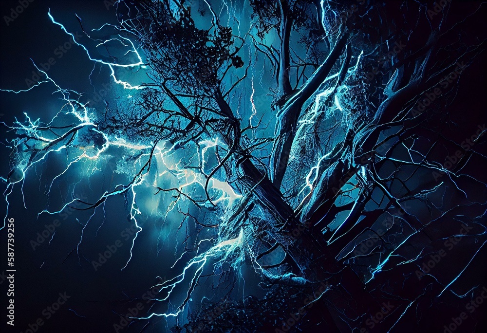 Blue lightning bolts in the nighttime sky caused by electric storms ...