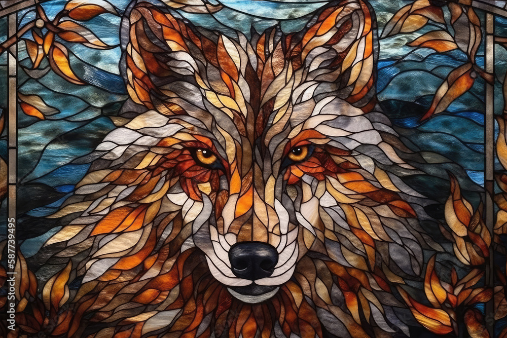 This beautiful wolf stained glass art is a true masterpiece, capturing ...