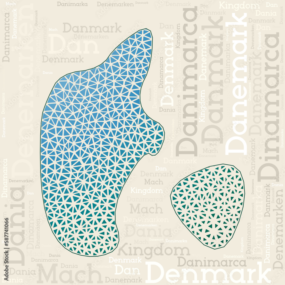 DENMARK map design. Country names in different languages and map shape ...