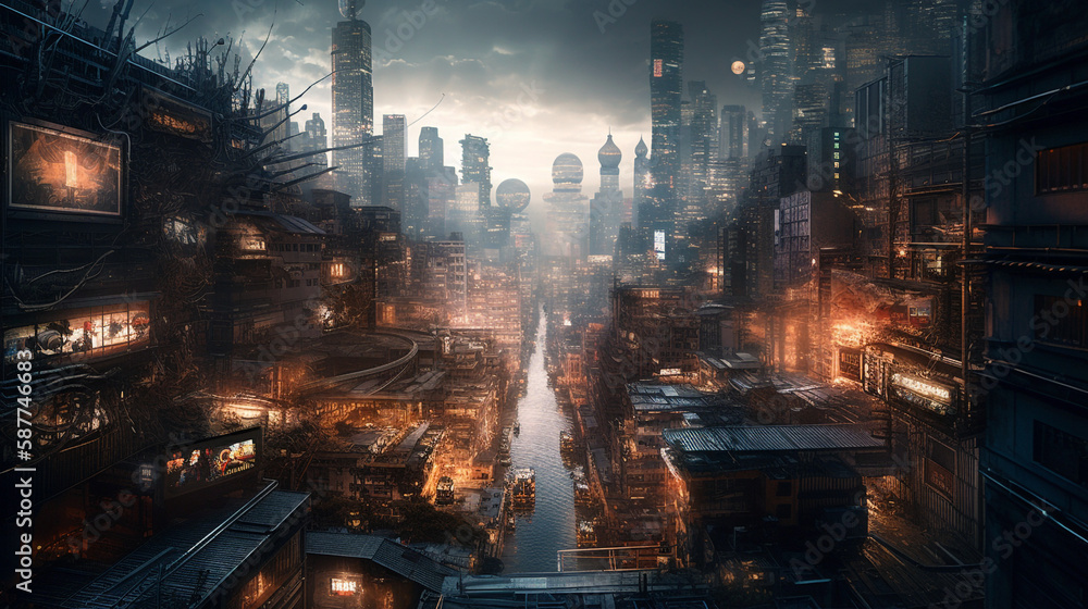 A incredibly modern and advanced city skyline showing off its enormeous ...