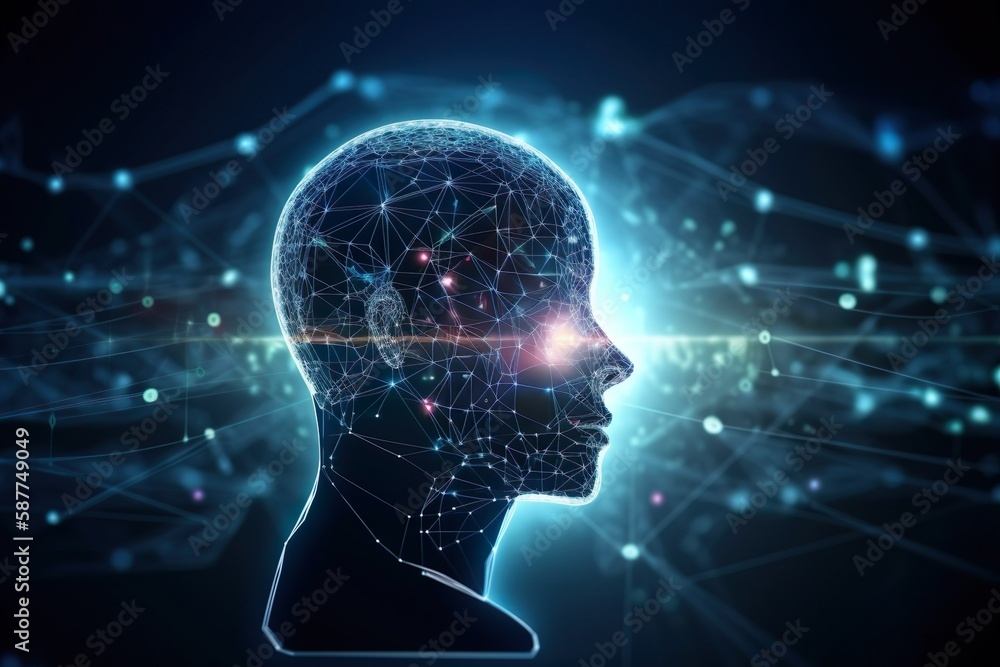 Illustrated head surrounded by neon lines and networks represents ...