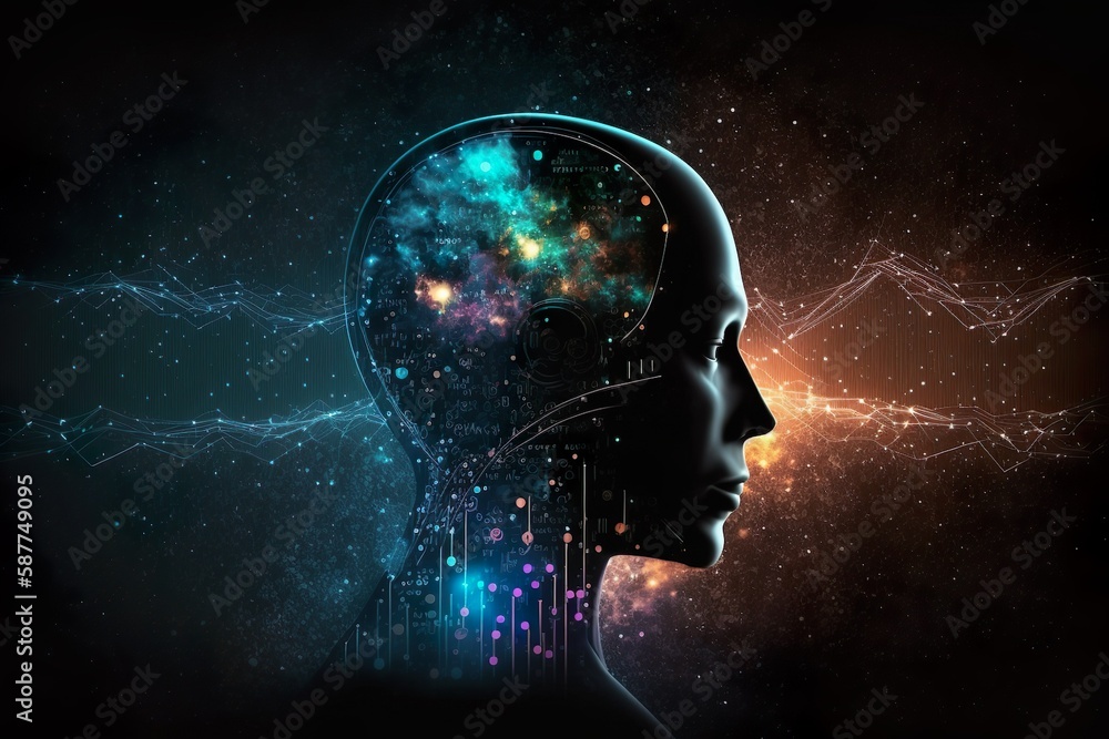 Illustrated head surrounded by neon lines and networks represents ...