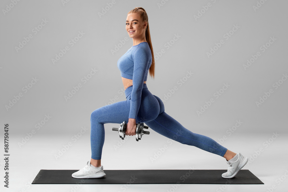 Active girl doing lunges exercises for leg muscle workout training ...