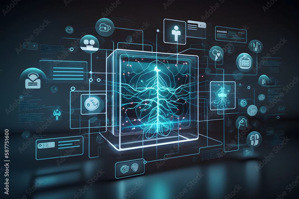 Medical icon network connection with modern virtual screen interface on ...