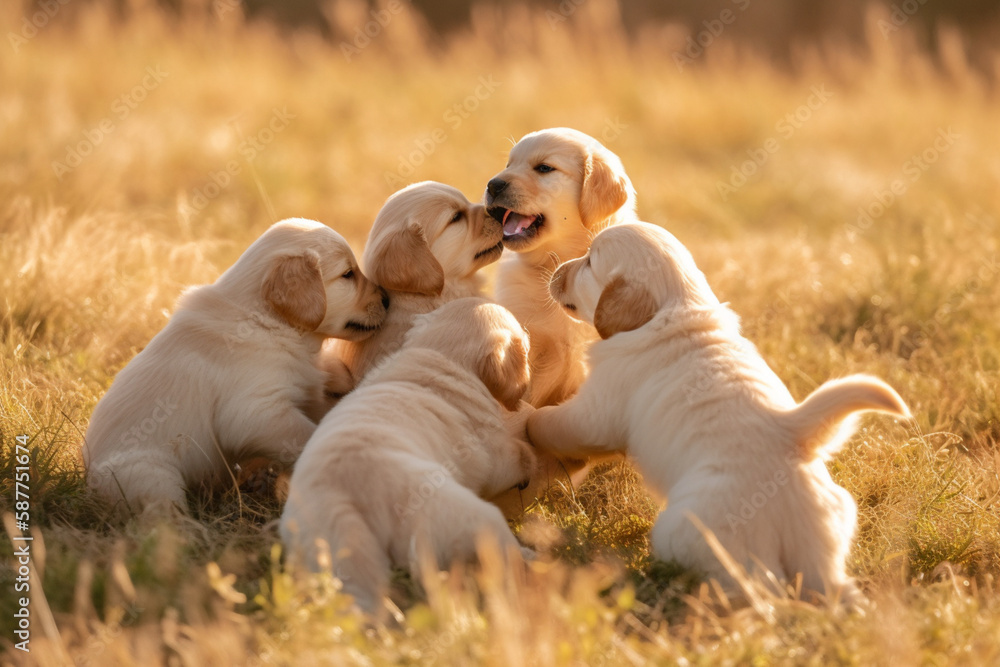 A Group Of Golden Retriever Puppies Playfully Tumbling Over One Another In A Grassy Field Their