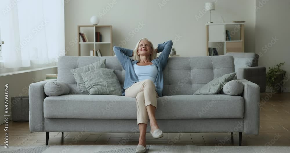 Attractive elderly woman enjoy rest sit on soft sofa spend carefree ...