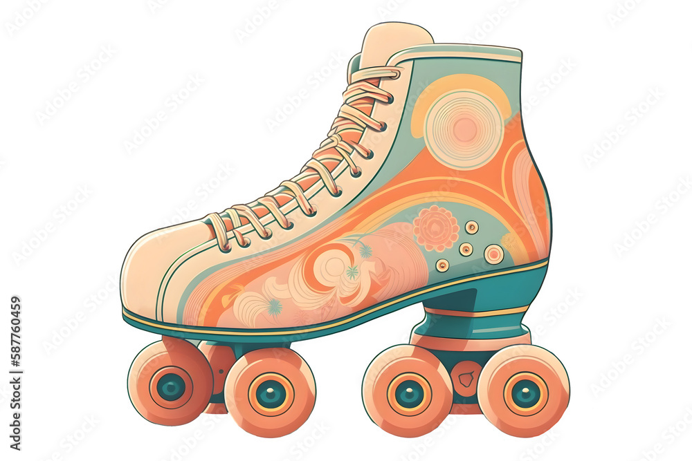 Groovy retro hippie 70s 80s roller skater with rainbow in doodle style ...