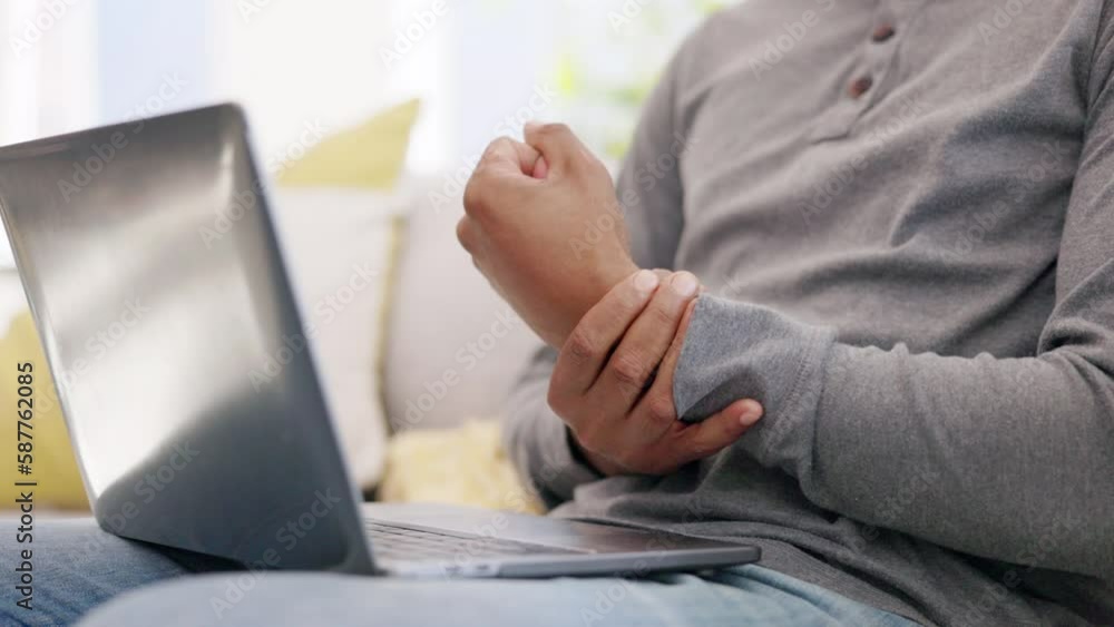 Closeup man, wrist pain and injury at laptop from osteoporosis ...