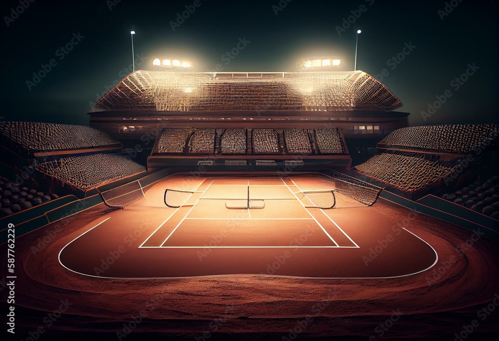 Clay tennis court and floodlights , Tennis stadium illustration concept ...