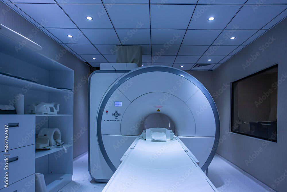 Modern hospital Computed Tomography room interior with device. Computer ...