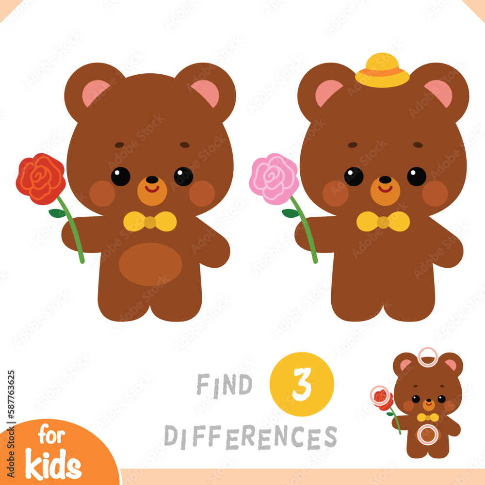 Find differences, educational game, Cute little bear character with ...