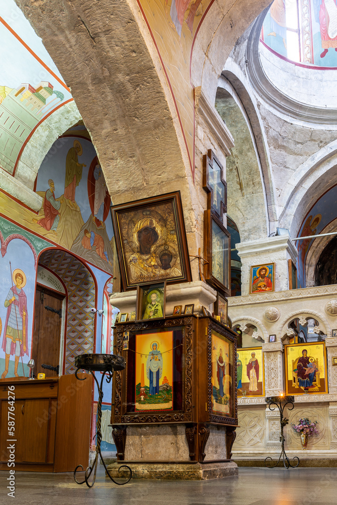 Motsameta monastery inside view of the main nave and altar with ...